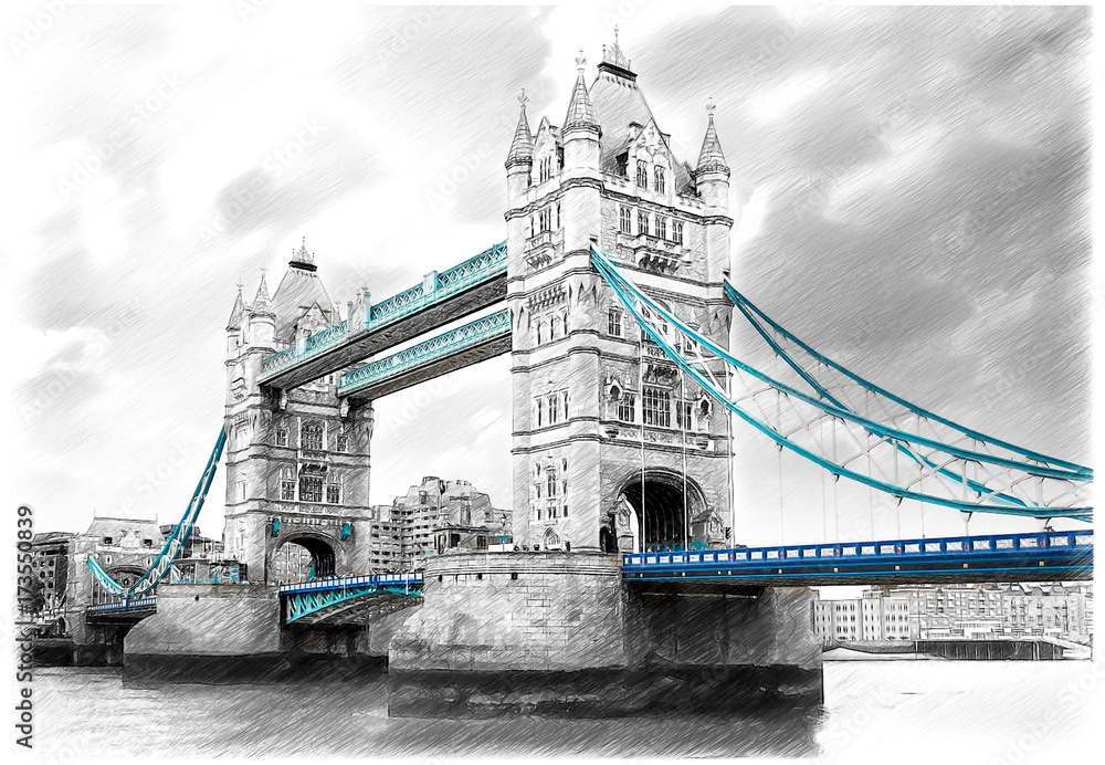 Tower Bridge on River Thames in London, England. Illustration in draw ...