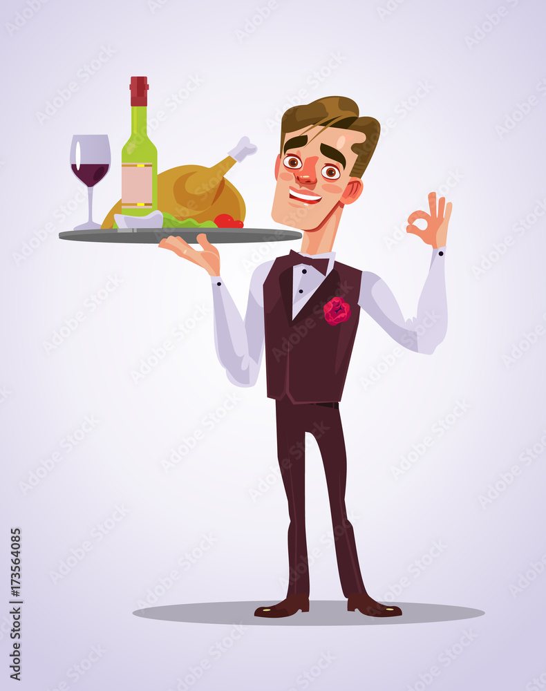 Happy smiling waiter man character with food tray. Vector flat cartoon ...