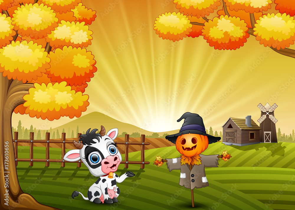 Cartoon cow with halloween scarecrow in the farm background Stock ...