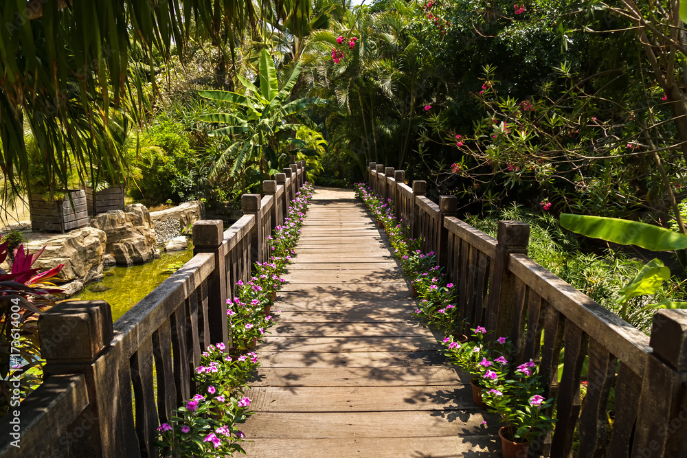 Beautiful wooden bridge in tropical park Stock Photo | Adobe Stock