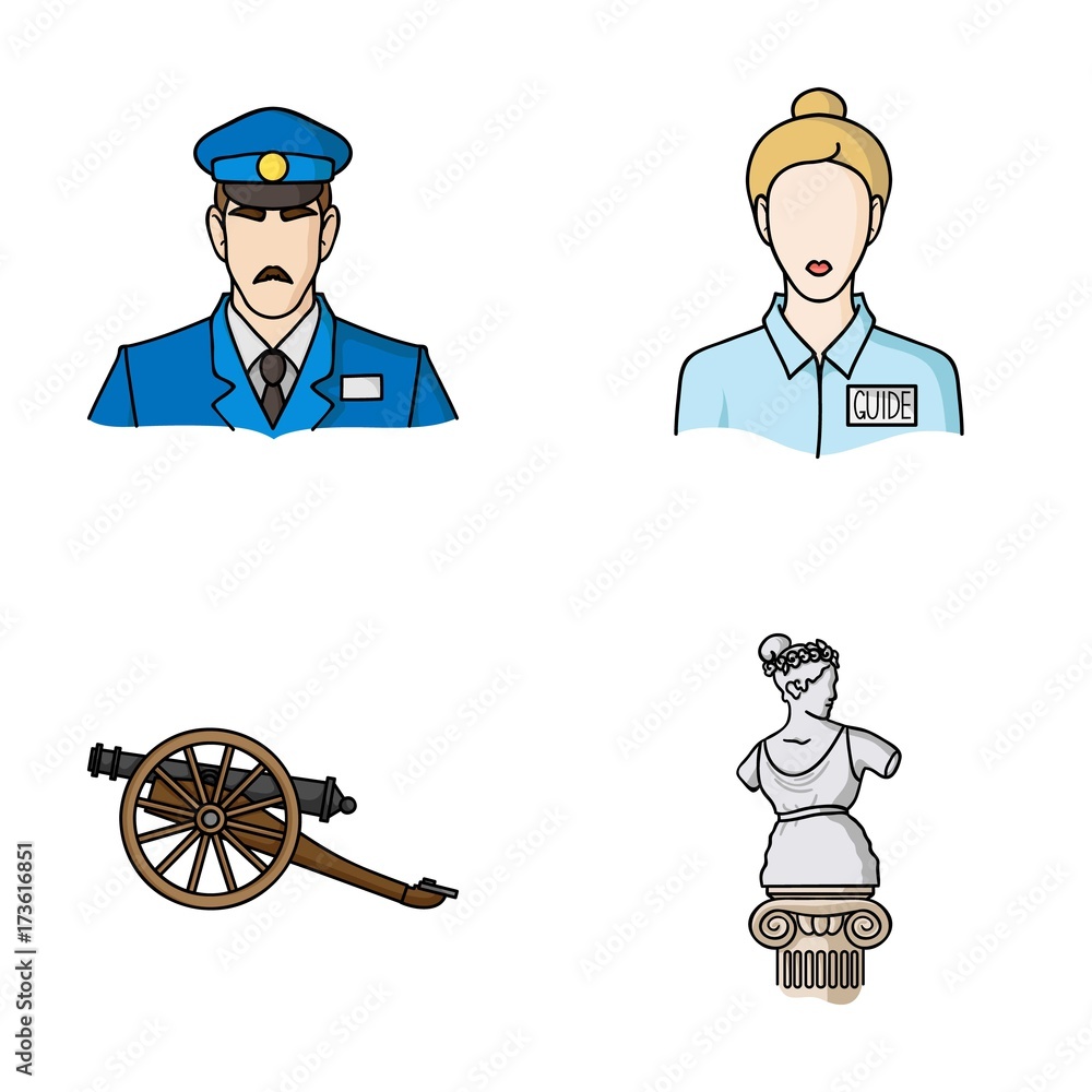 Guard, guide, statue, gun. Museum set collection icons in cartoon style ...