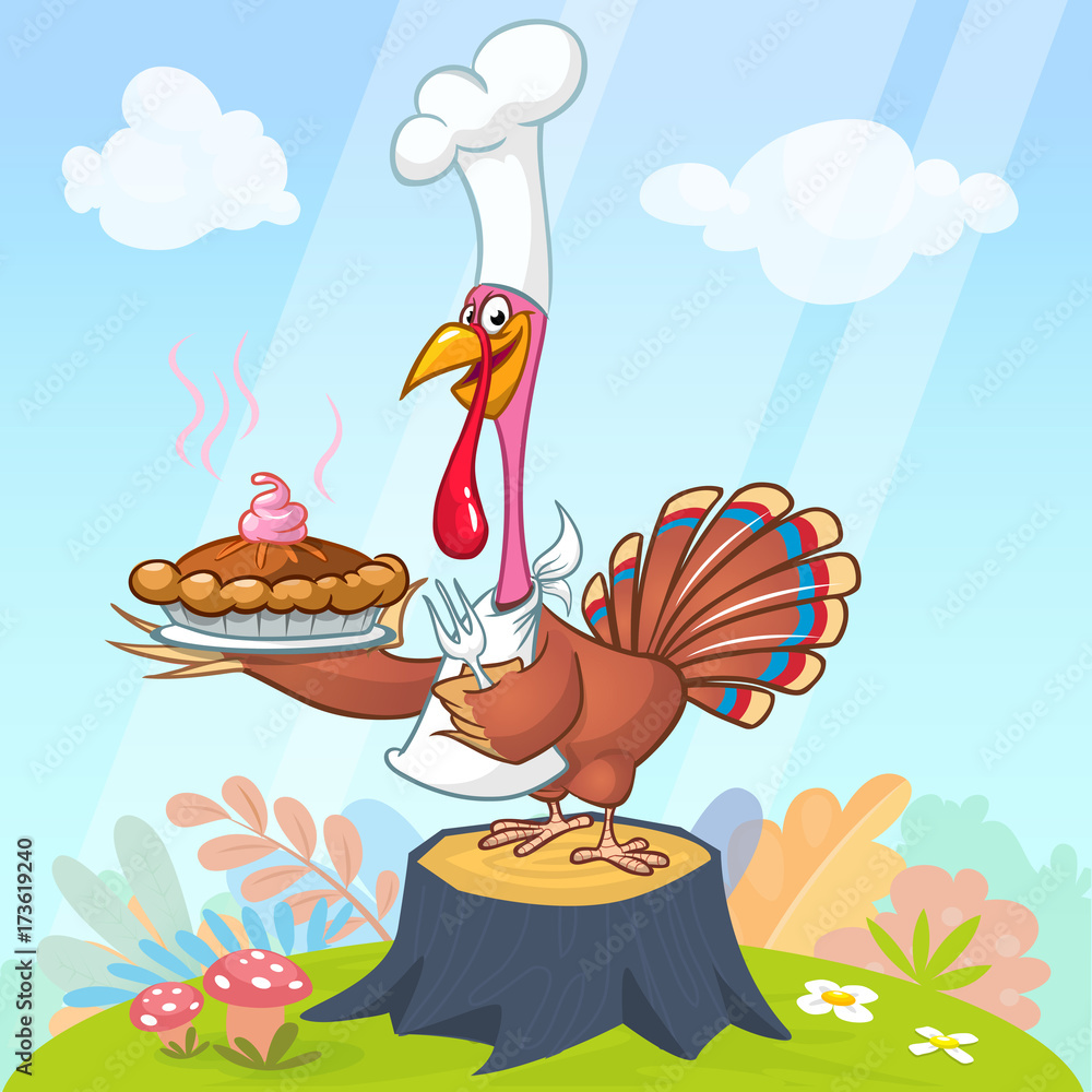 Cartoon illustration of a happy cute turkey wearing a pilgrim hat and ...
