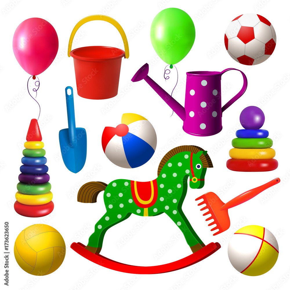 Kids toys. Set of different toys for outdoor games. Ball, bucket ...