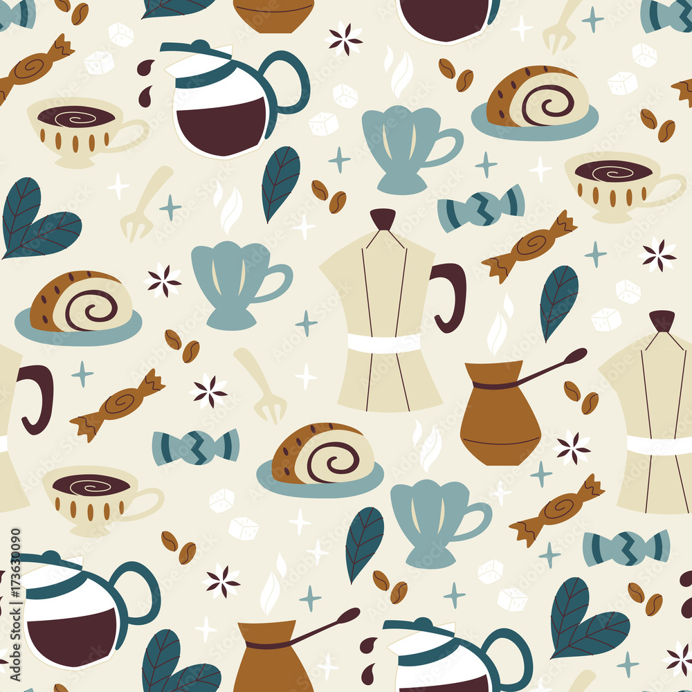 Seamless Hand Drawn Coffee Pattern. Stock Vector | Adobe Stock