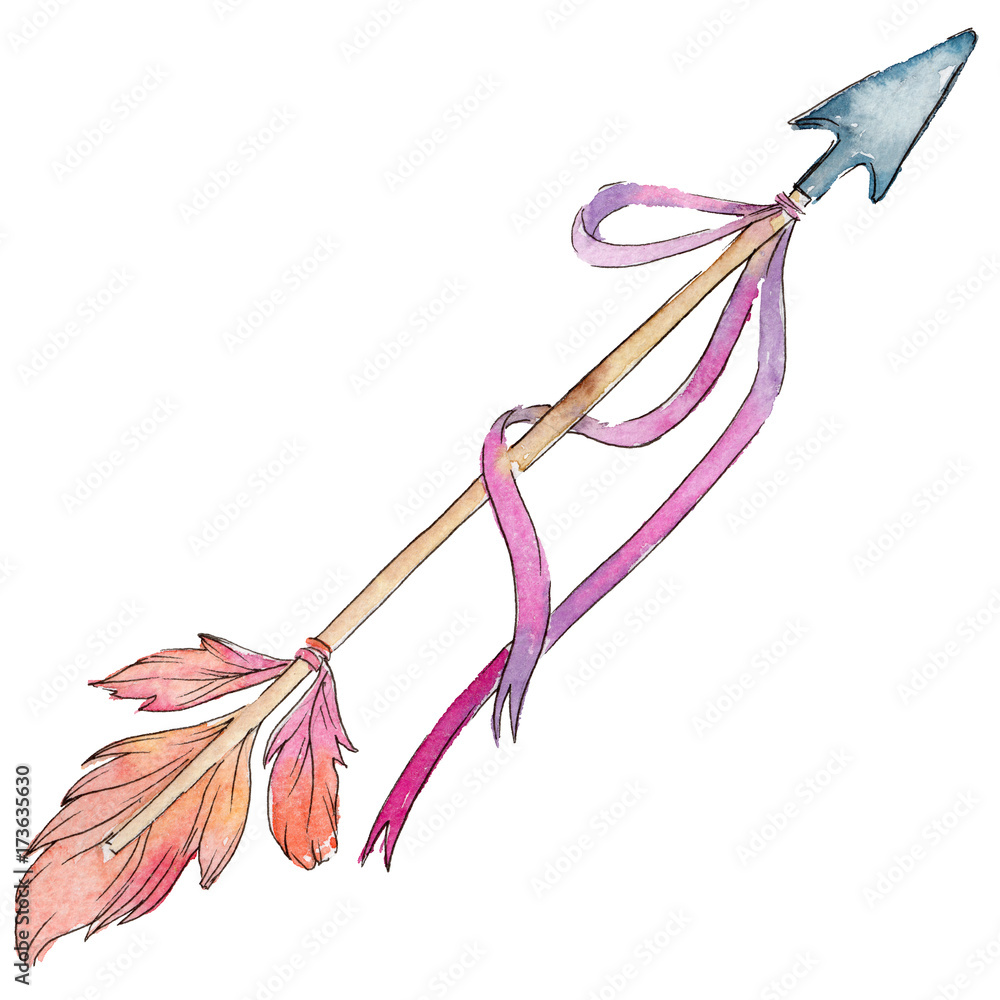 Watercolor holiday ribbon on arrow bow greeting illustration. Festive ...
