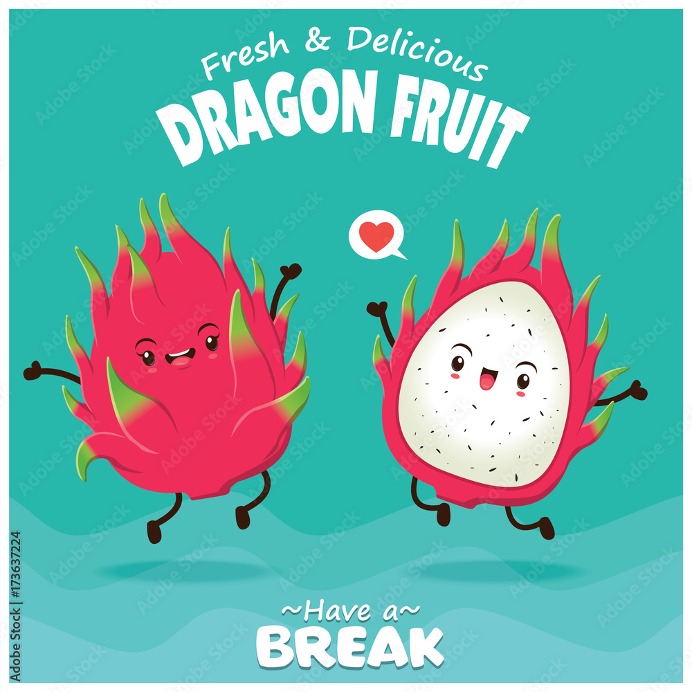 Vintage fruit poster design with vector dragon fruit character. Stock ...