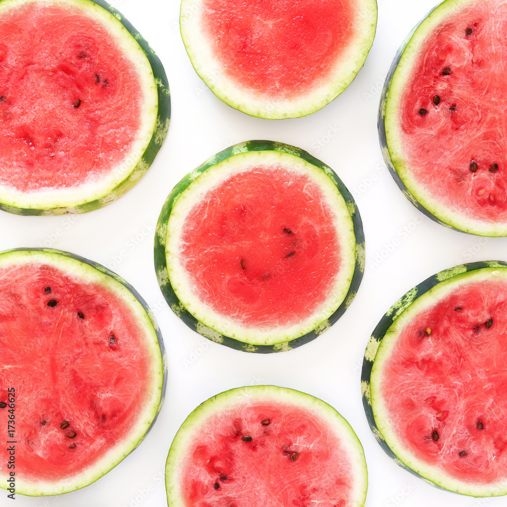 Pattern of watermelon lobules. Fresh watermelon, sliced in circles on a ...