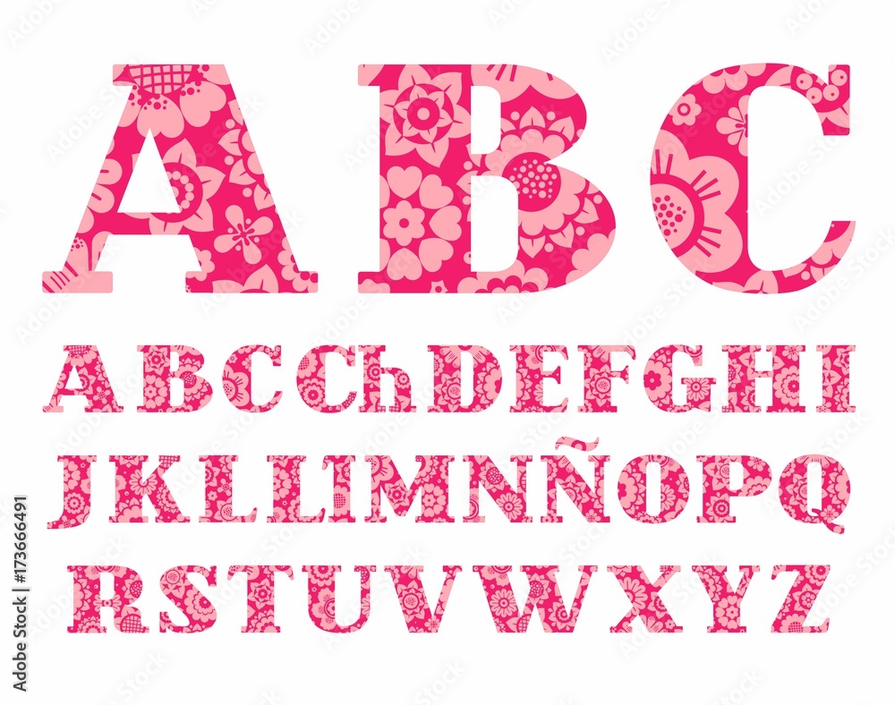 Spanish alphabet, pink flowers, font, vector. Uppercase letters of the ...