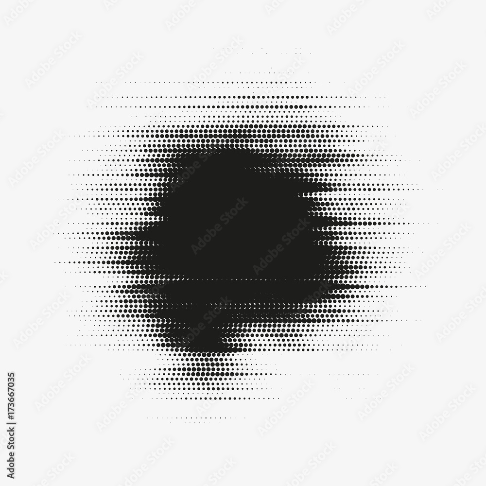 Glitched vector halftone stain. Black blot made of round particles ...