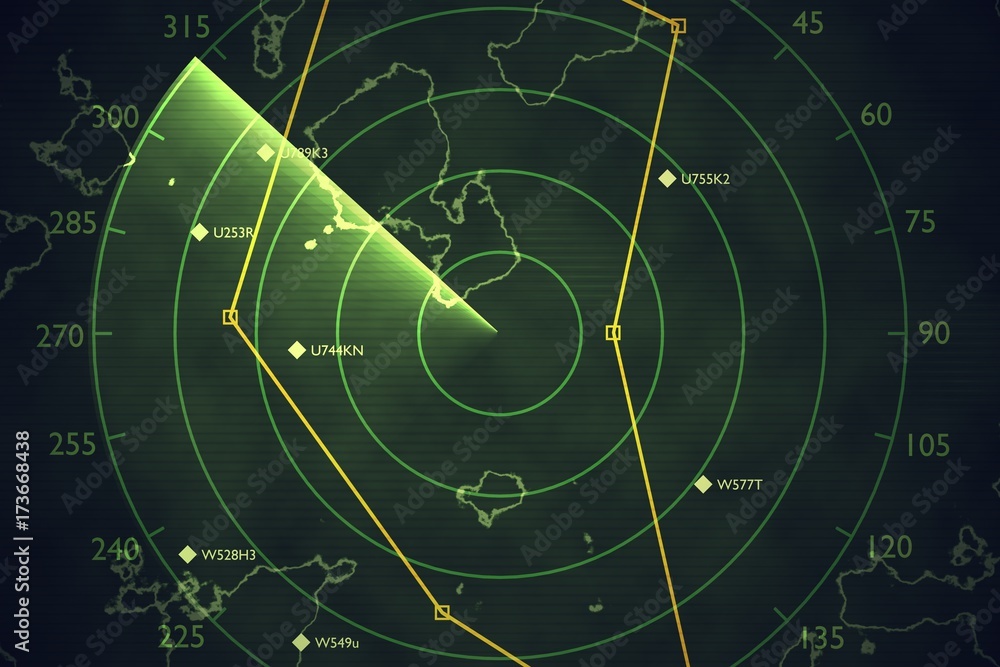 Military radar screen is scanning air traffic. 3D rendered illustration ...