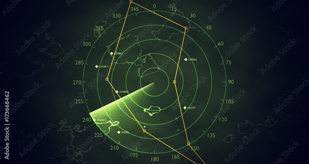 Military radar screen is scanning air traffic. 3D rendered illustration ...