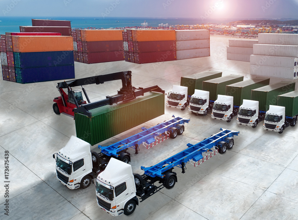 aerial view of loading forklift stacker handling cargo container ...