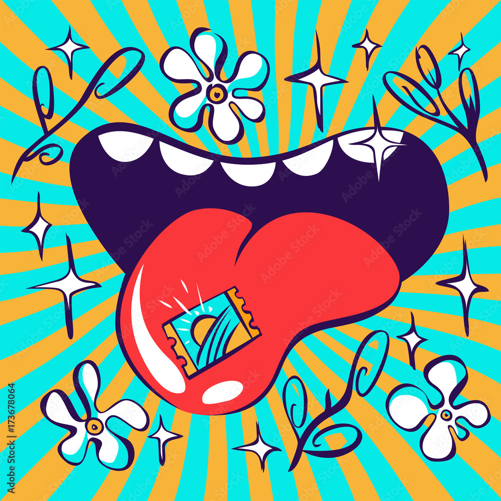Lsd psychedelic illustration, acid mark on tongue, vivid colours vector ...