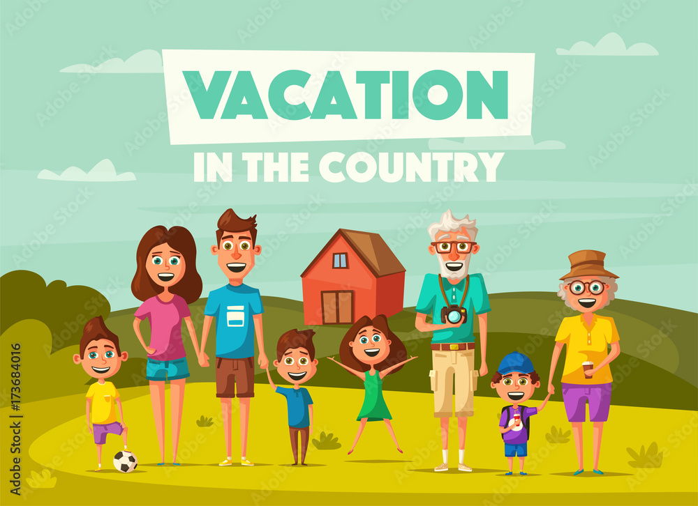 Family's vacation in the countryside. Cartoon vector illustration Stock ...
