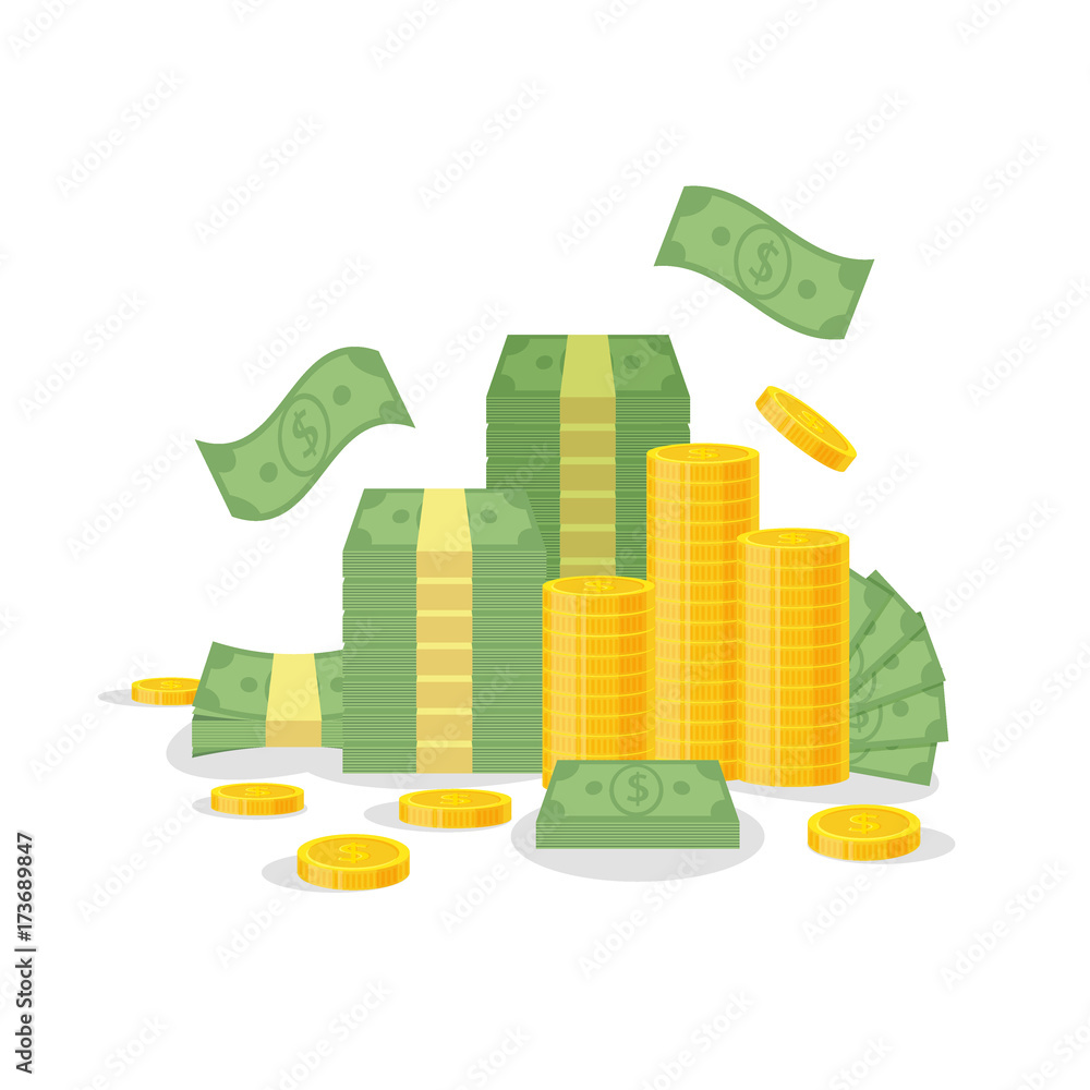 Money bundle and coin stack isolated on white background. Green dollar ...