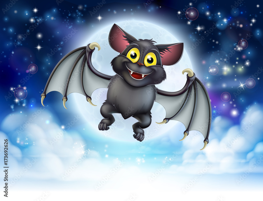 Cartoon Bat and Full Moon Halloween Scene Stock Vector | Adobe Stock