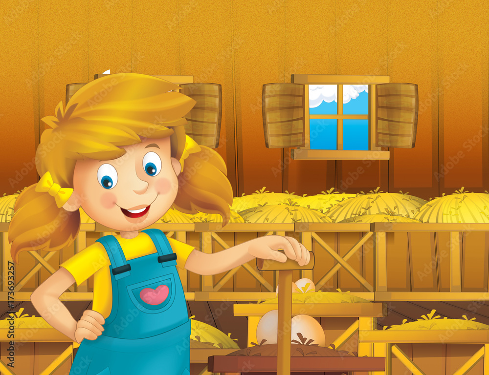 cartoon scene with happy girl working on the farm - standing and ...