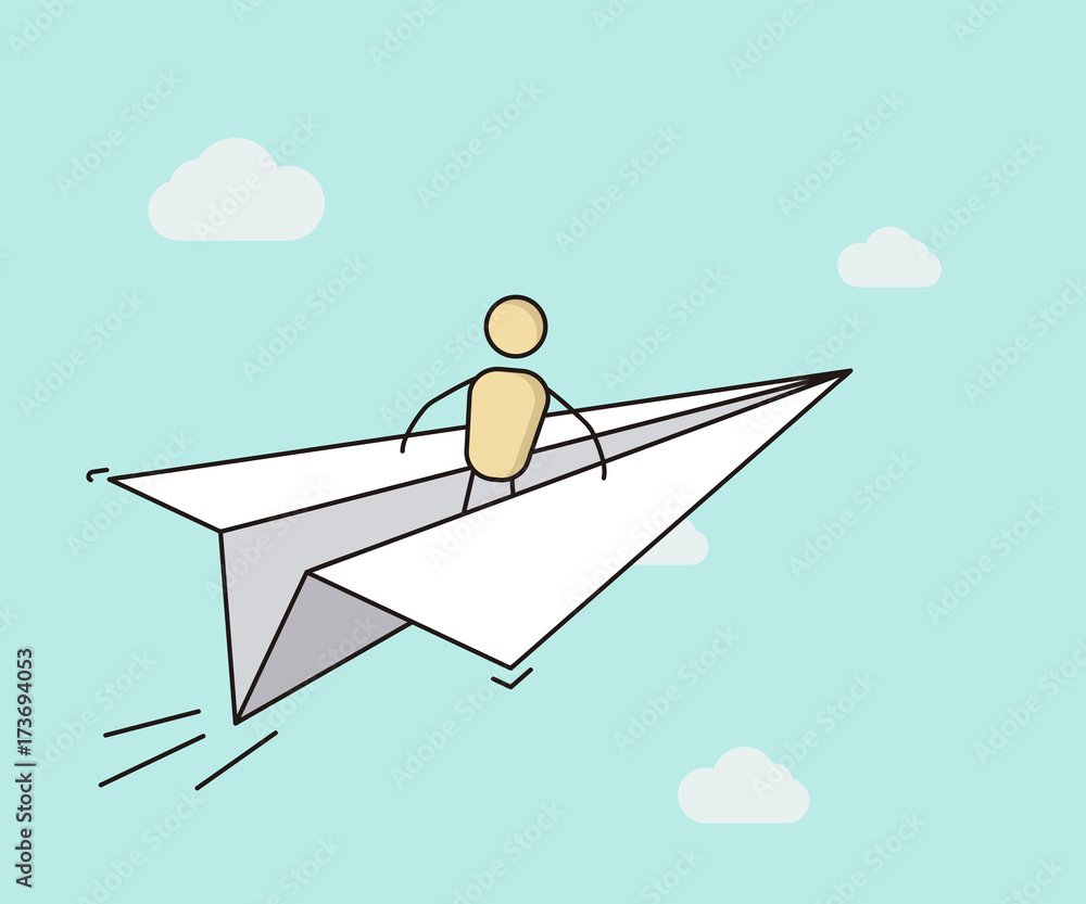 Cartoon stick character flying on a paper plane. Vector concept ...
