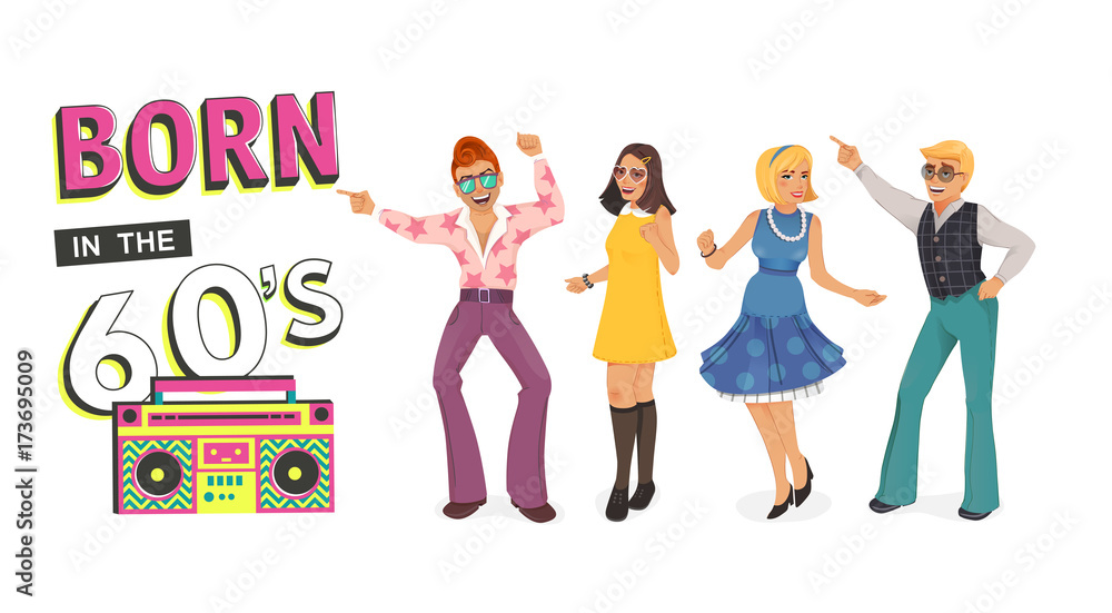 Dancing people in retro disco. Man and woman in 60s, 70s style. Cartoon ...