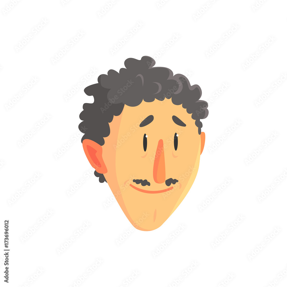 Young curly man head, positive male face with mustache cartoon ...