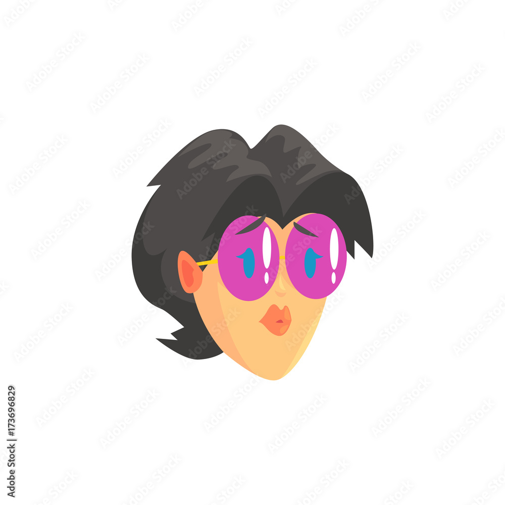 Face of a young beautiful brunette woman with short hair and glasses ...