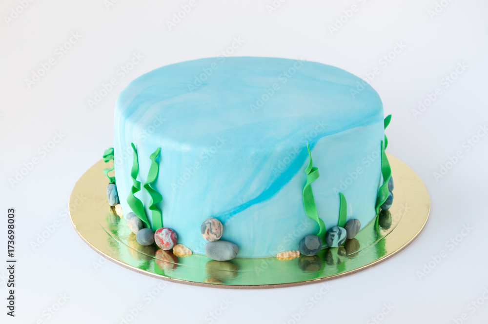 Art cake designed in the form of an underwater world with algae and ...