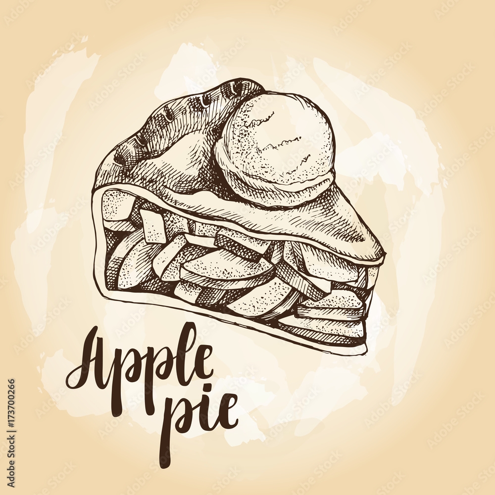 Piece of apple pie with scoop of ice cream. Food elements. Vector ink ...