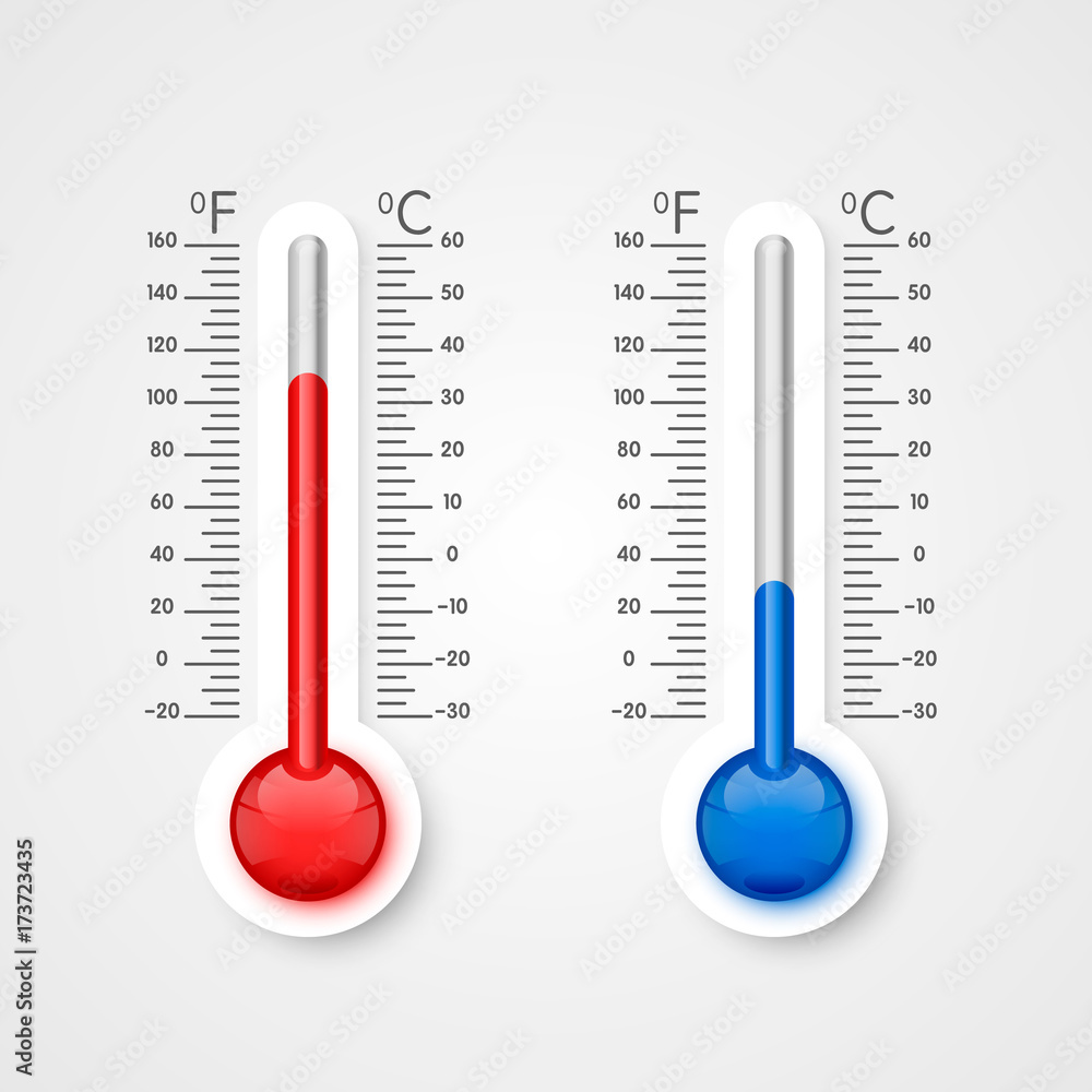 Thermometer of cold and heat, winter and summer temperature scale ...