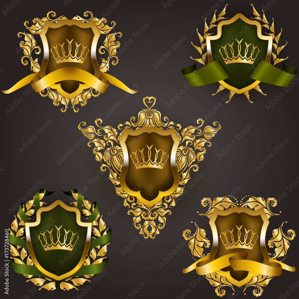 Set of golden royal shields with floral elements, ribbons, laurel ...