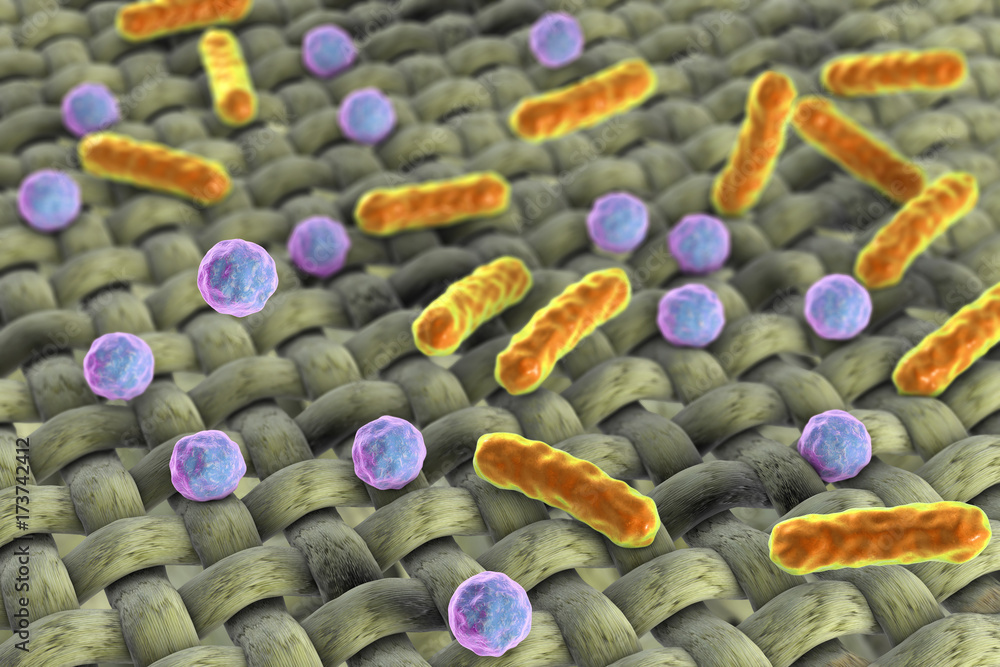 Dirthy cloths. Conceptual image showing microbes on the surface of ...