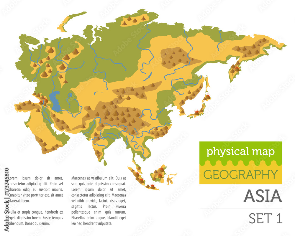 Flat Asia physical map constructor elements isolated on white. Build ...