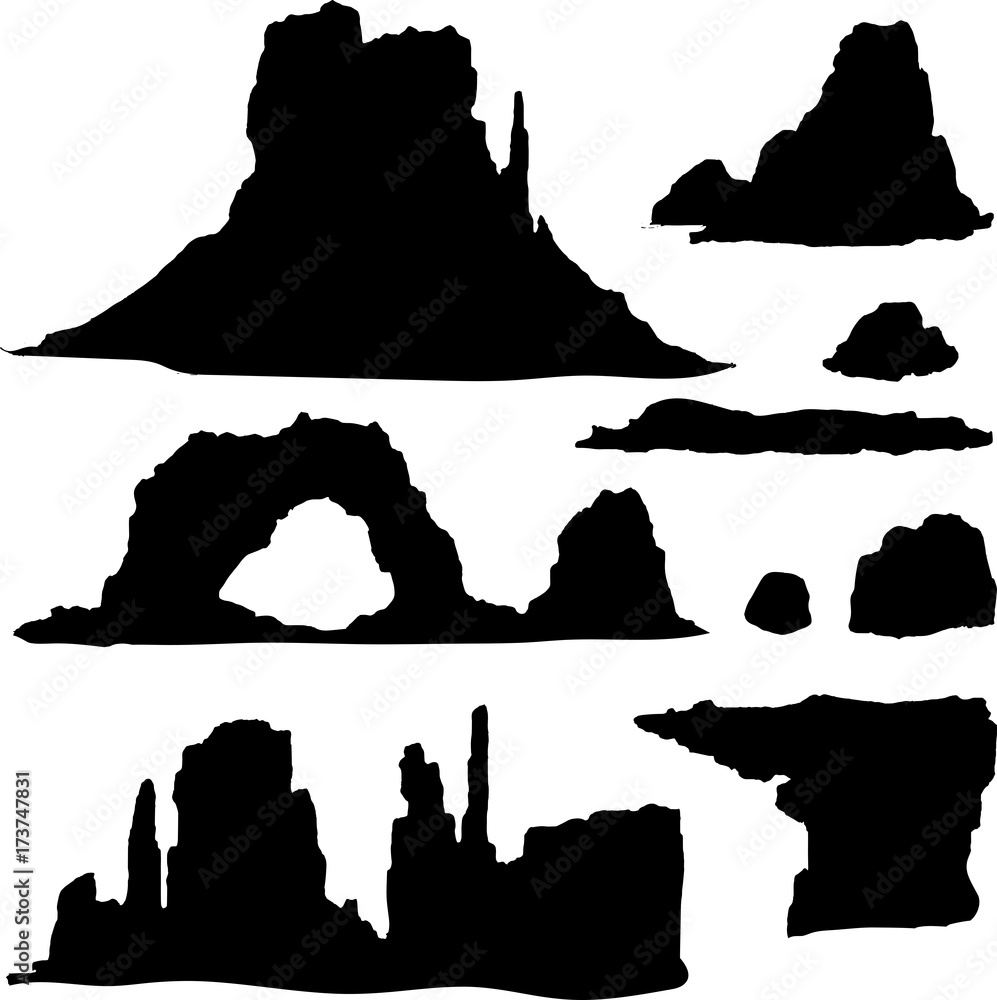hand drawn vector silhouette set with canyon and stones of wild west ...