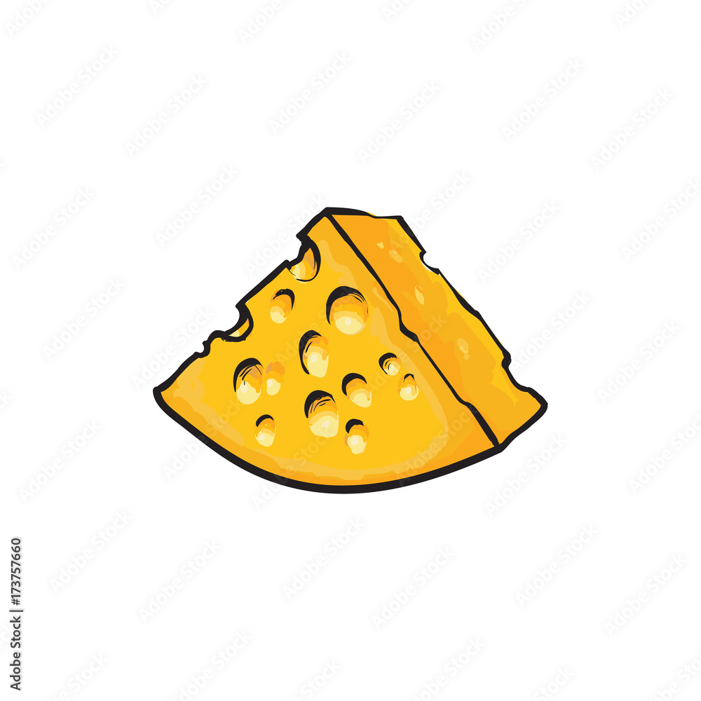 Chunk, triangular piece of Swiss, Emmental cheese, sketch style vector ...