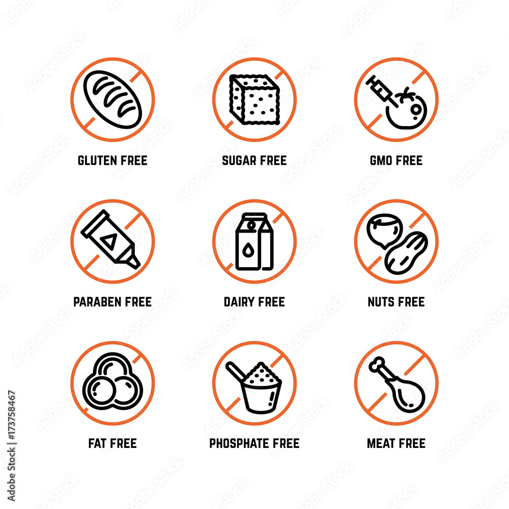 Food ingredient warning vector icons. Phosphate free, without gmo, no ...