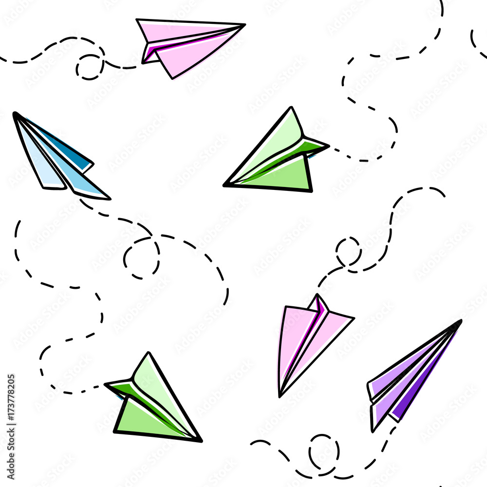 Seamless pattern with vector paper airplane. Travel, route symbol ...