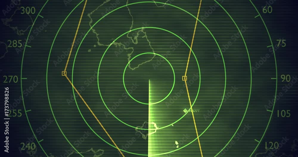 Military radar screen is scanning air traffic. 3D rendered seamless ...