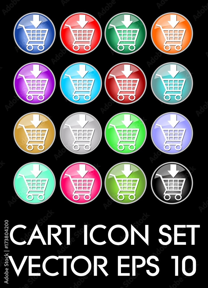 Set of elegant cart icons, circle glass button in different color ...