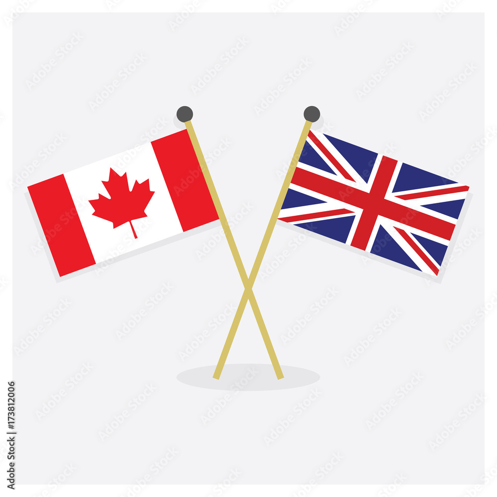 Crossed Canada flag and Union Jack icons with shadow on off white ...
