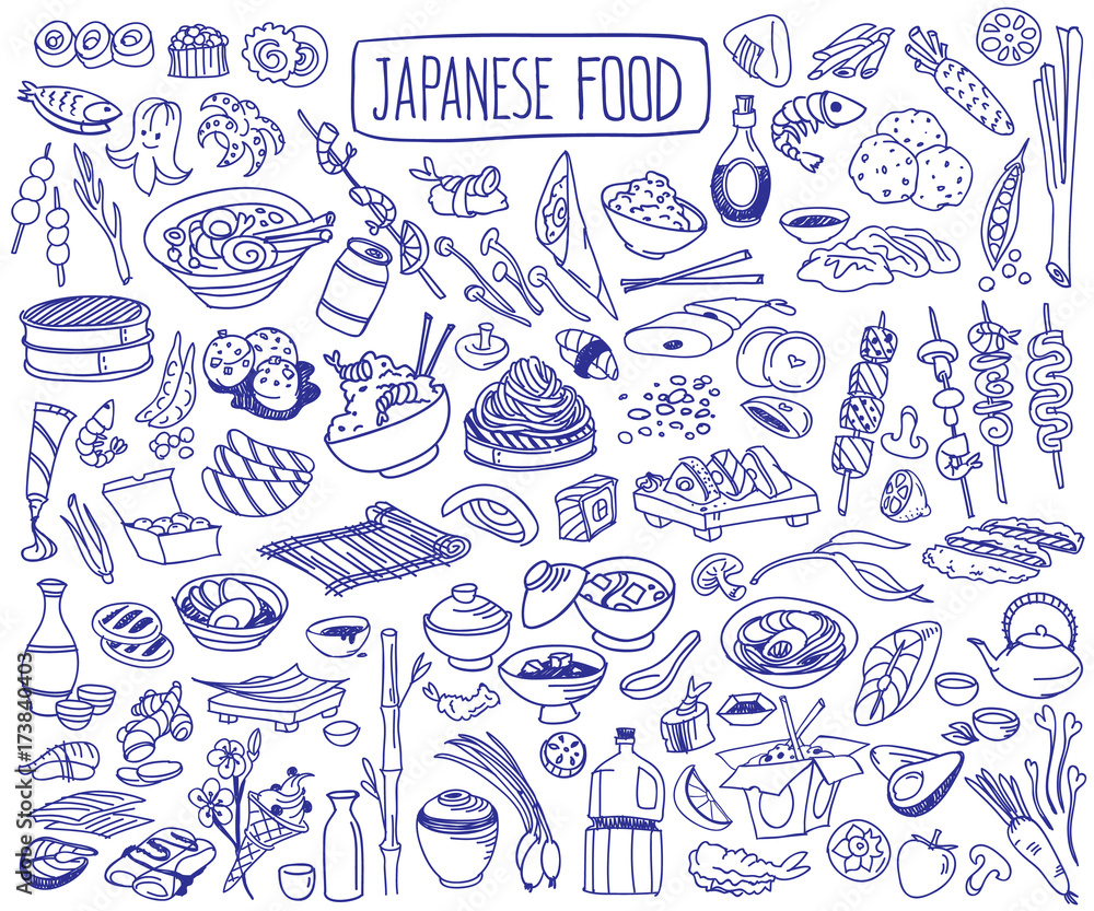 Japanese cuisine doodle set. Traditional food and drinks - sushi ...