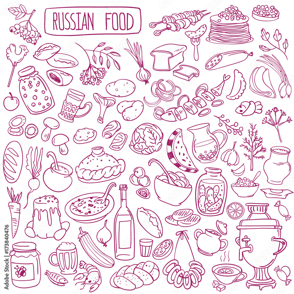 Russian cuisine doodle set. Traditional ingredients, food and drinks ...