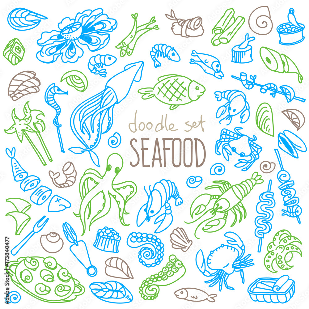 Seafood doodle set. Variety of fish, molluscs, crustaceans. Vector ...