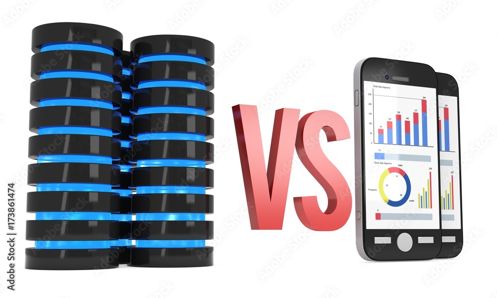Big Data VS Small Data. Futuristic server hard disk and database block ...