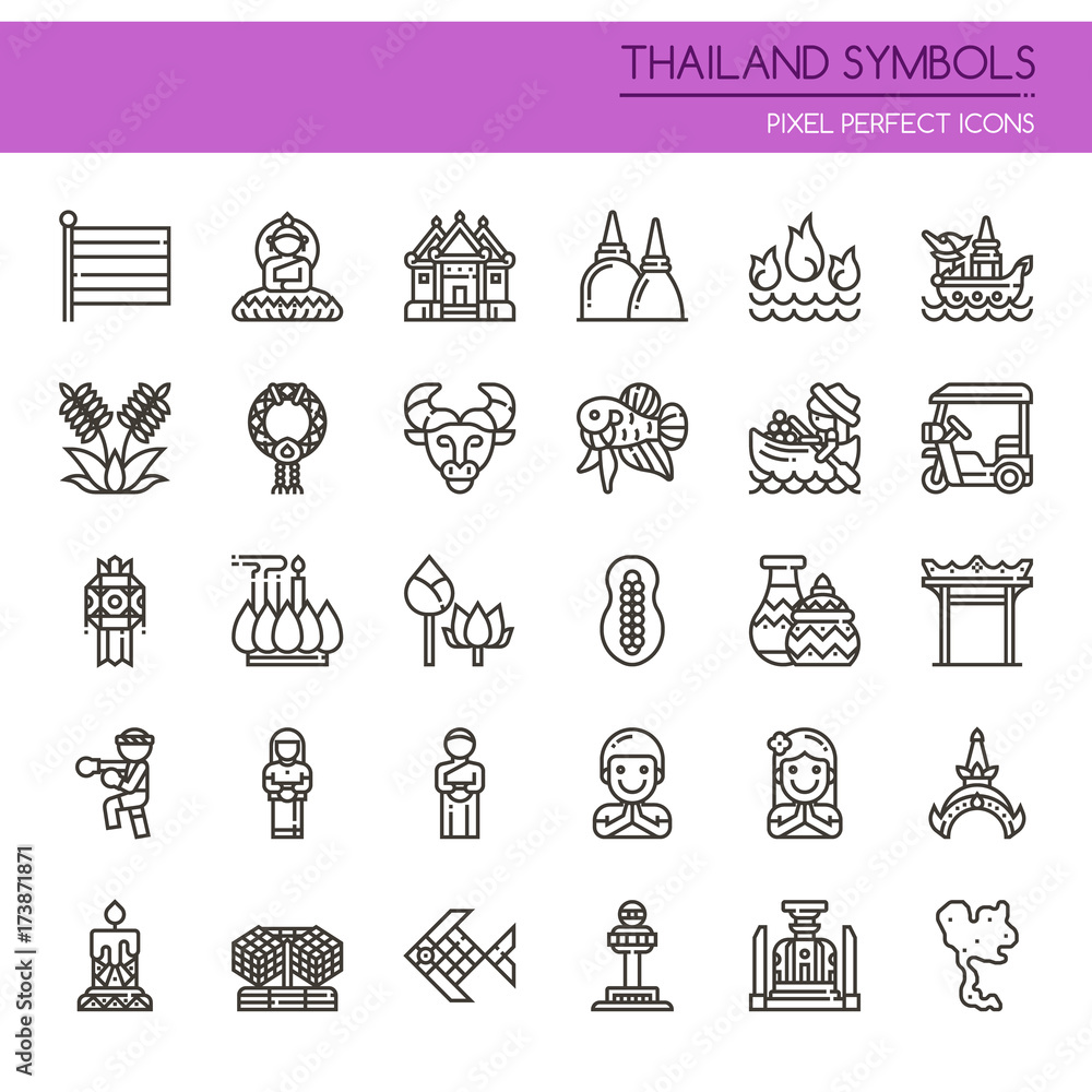 Thailand Symbols , Thin Line and Pixel Perfect Icons. Stock Vector ...
