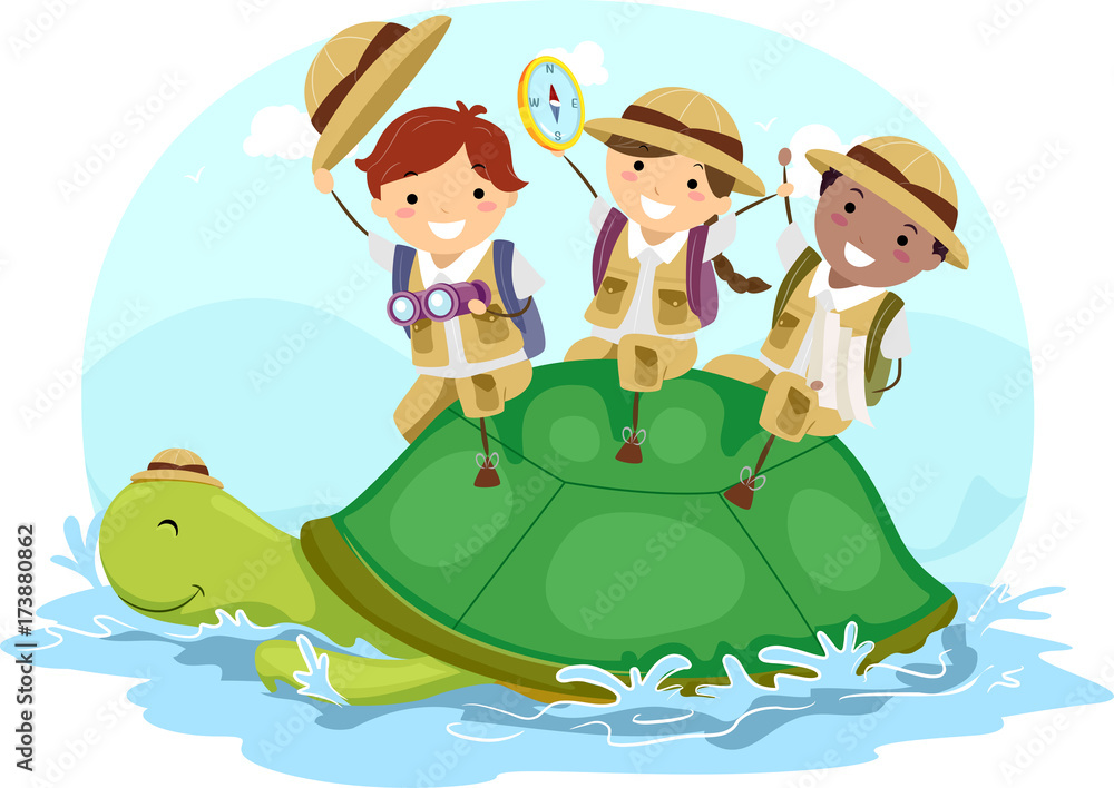 Stickman Kids Explorer Turtle Adventure Stock Vector | Adobe Stock