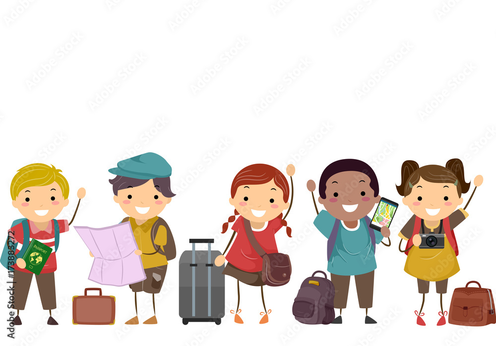 Stickman Kids Travelers Luggage Illustration Stock Vector | Adobe Stock