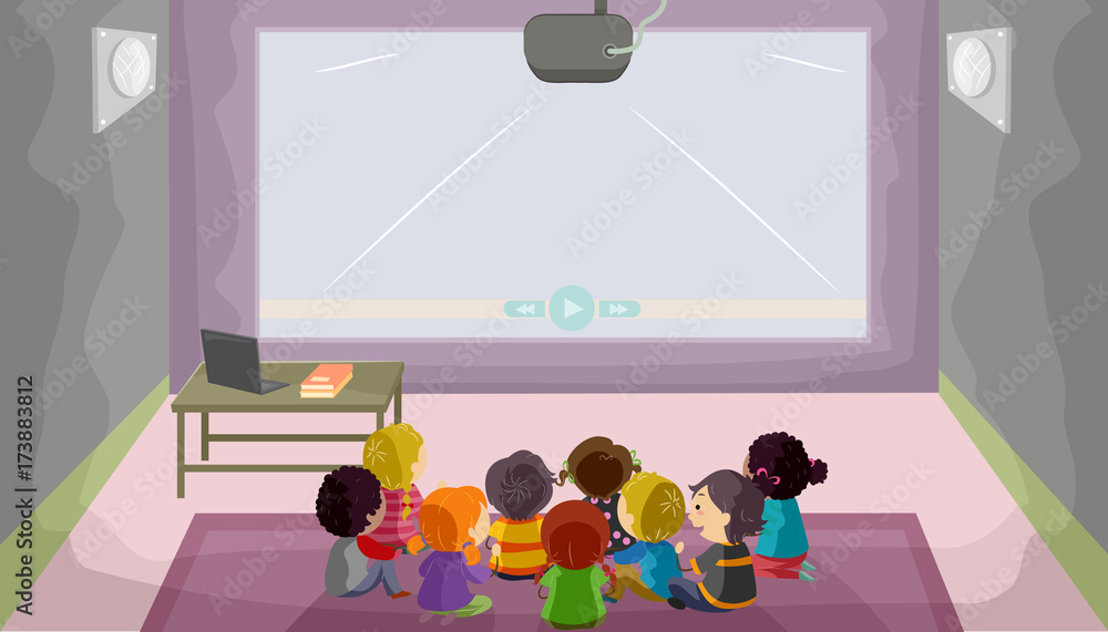 Stickman Kids Audio Visual Room Illustration Stock Vector | Adobe Stock