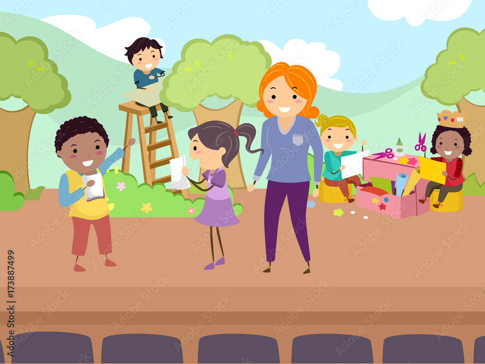 Stickman Kids Stage Rehearsal Illustration Stock Vector | Adobe Stock