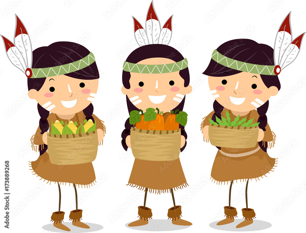 Stickman Kids Girls Native American Sister Crops Stock Vector | Adobe Stock