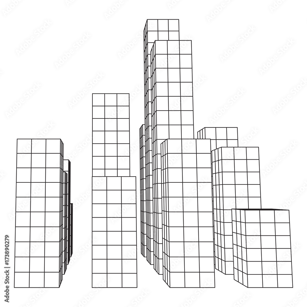 Mesh low poly wireframe cubes array like skyscraper city. Connected ...