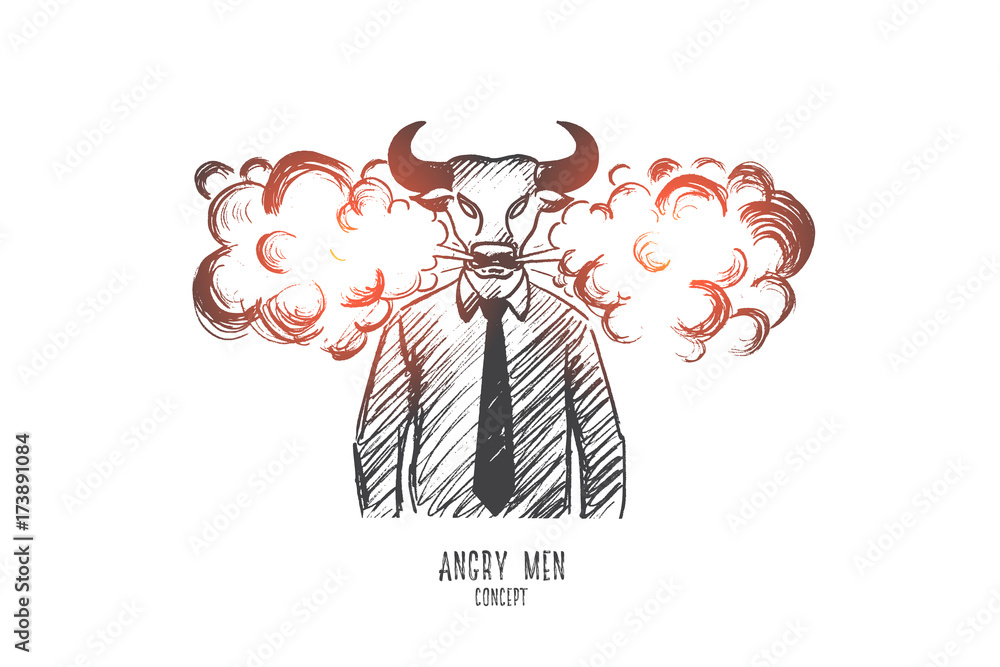 Angry man concept. Hand drawn man with head of bull. Furious person ...
